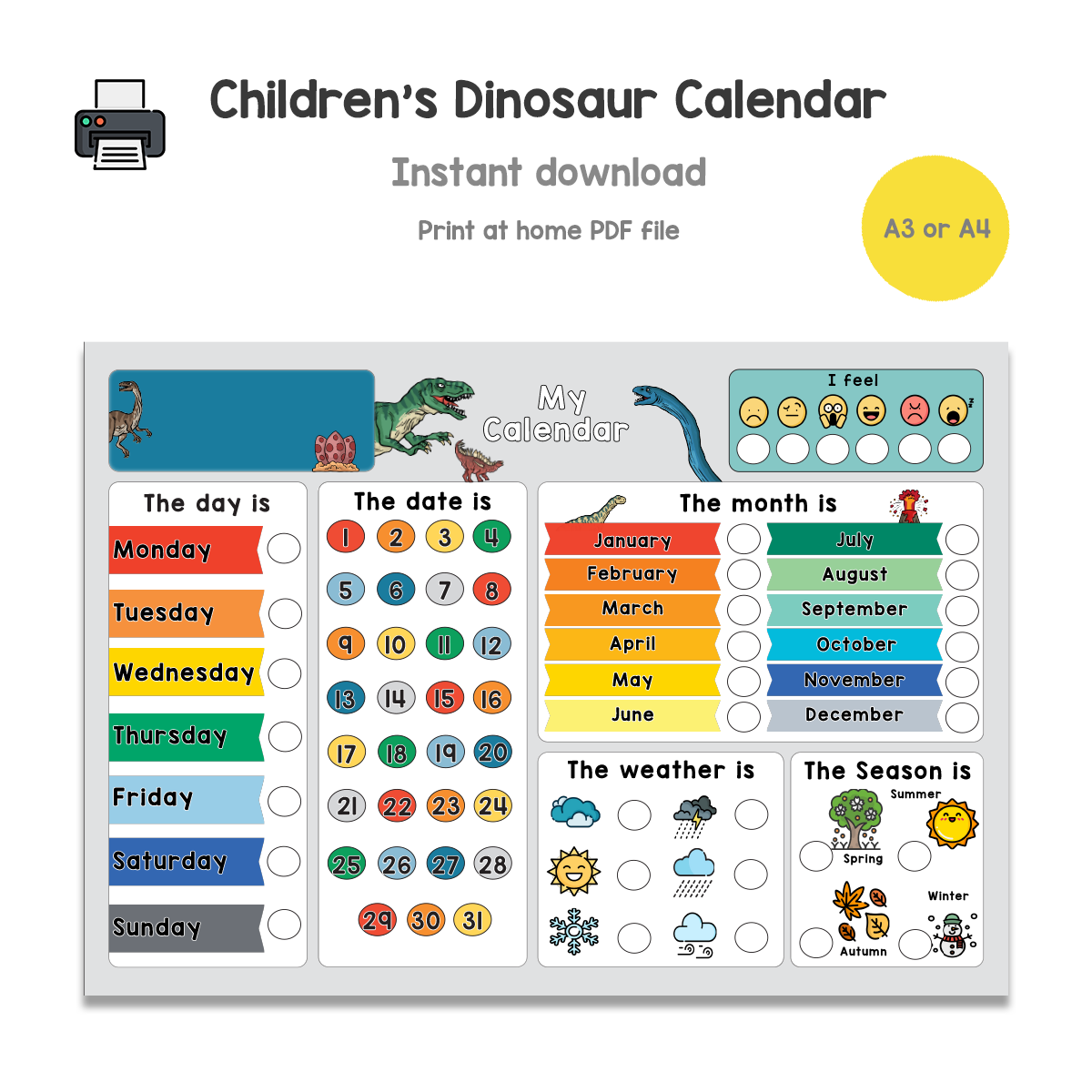 PRINTABLE Children's Dinosaur Calendar – Craftly Ltd