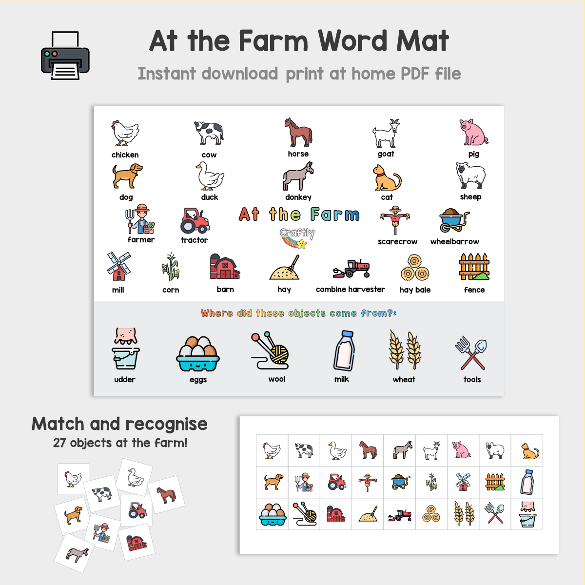 PRINTABLE Farm Word Mat and Matching Activity – Craftly Ltd