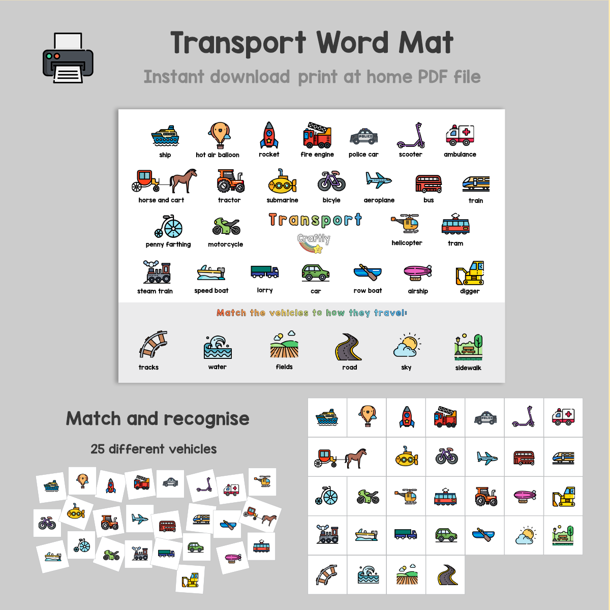 PRINTABLE Transport Word Mat and Matching Activity – Craftly Ltd
