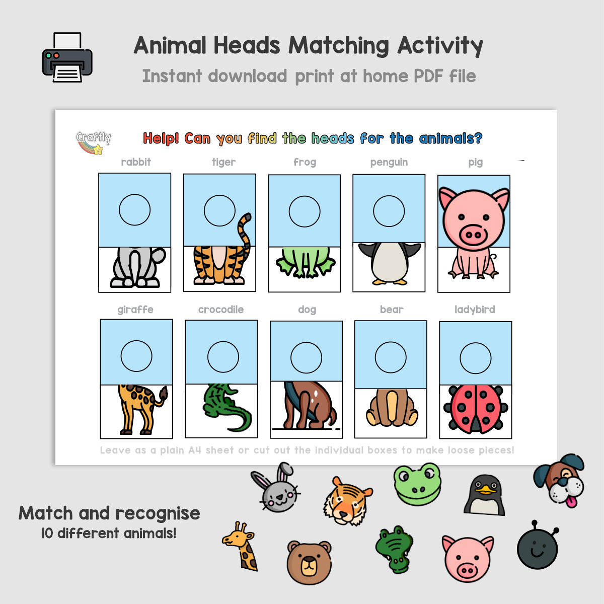 PRINTABLE Animal Heads Matching Activity – Craftly Ltd
