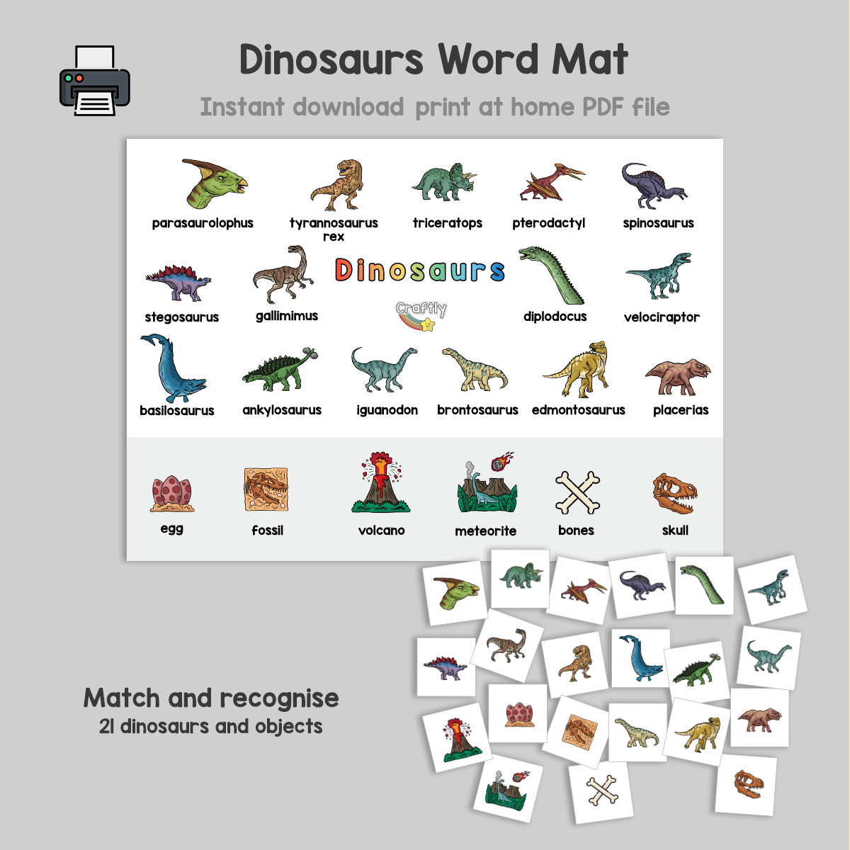 PRINTABLE Dinosaur Word Mat and Matching Activity – Craftly Ltd