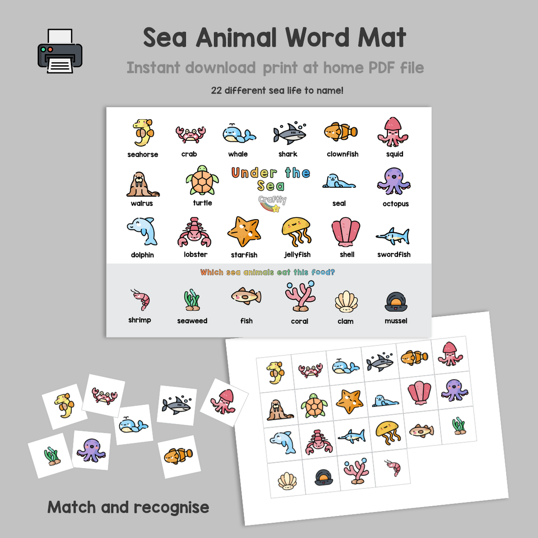 PRINTABLE Sea Animals Word Mat and Matching Activity – Craftly Ltd
