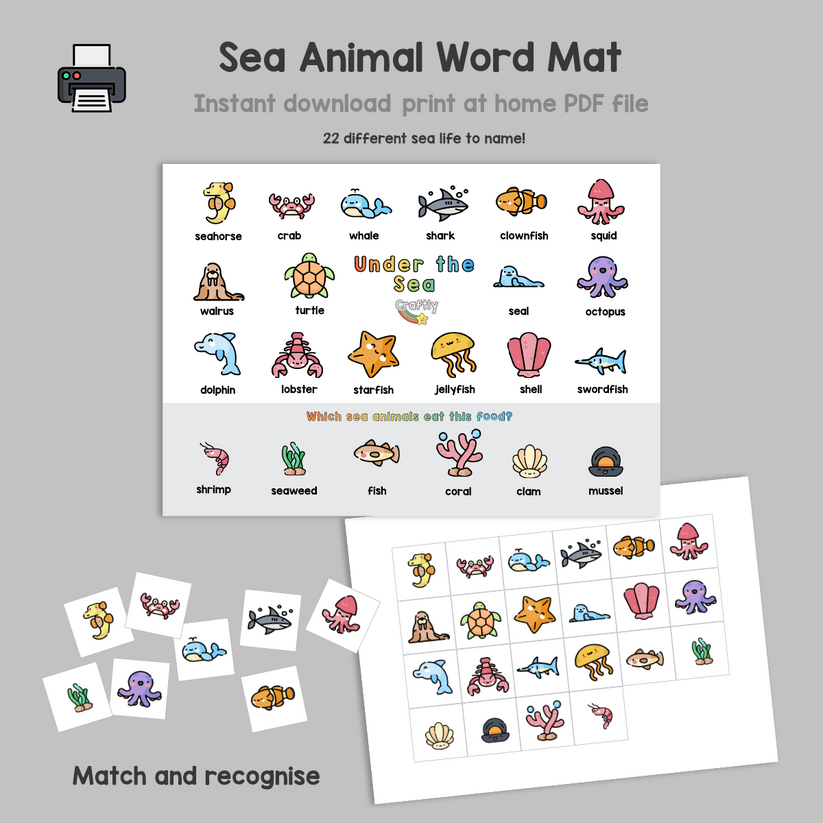 PRINTABLE Sea Animals Word Mat and Matching Activity – Craftly Ltd