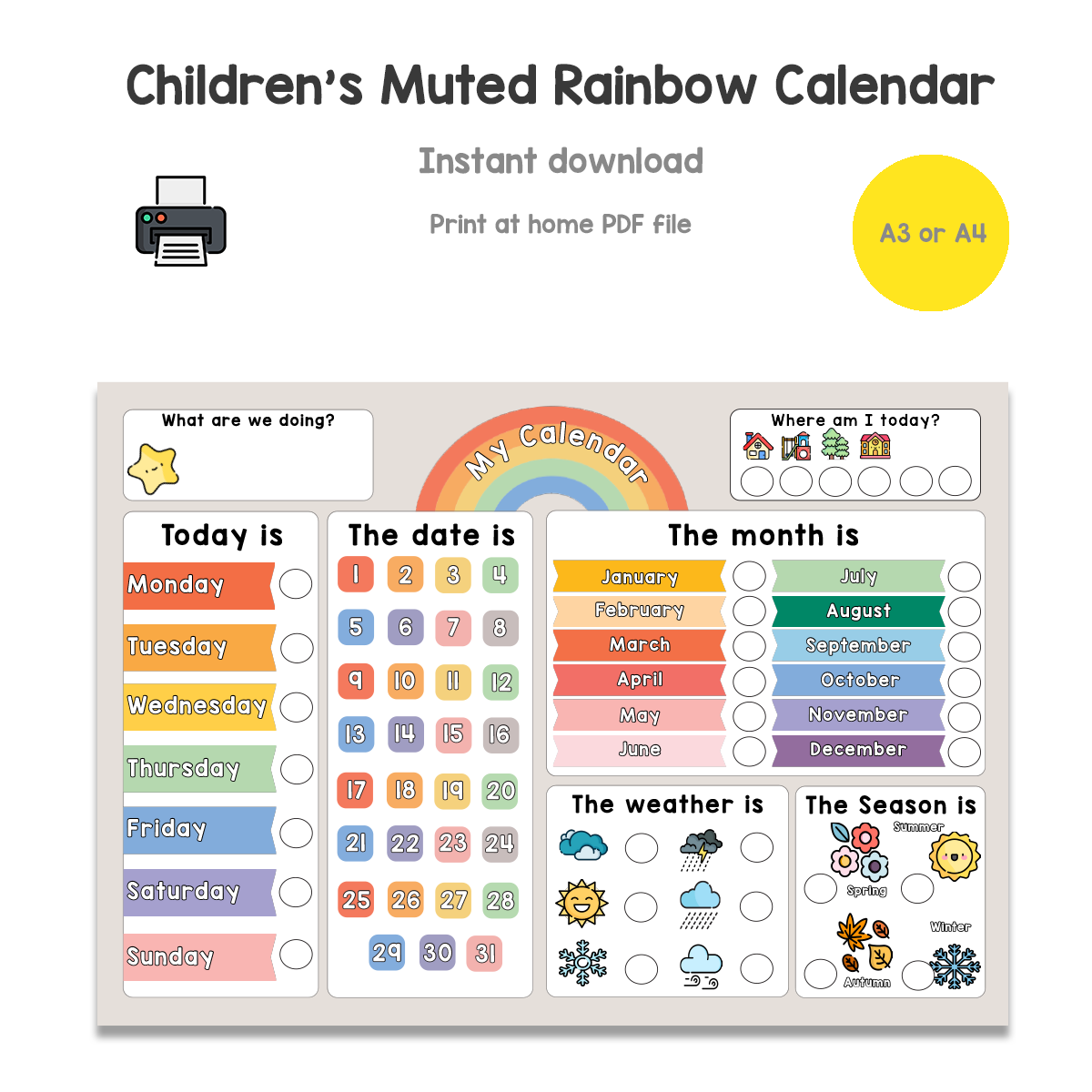 PRINTABLE Children's Muted Rainbow Calendar – Craftly Ltd