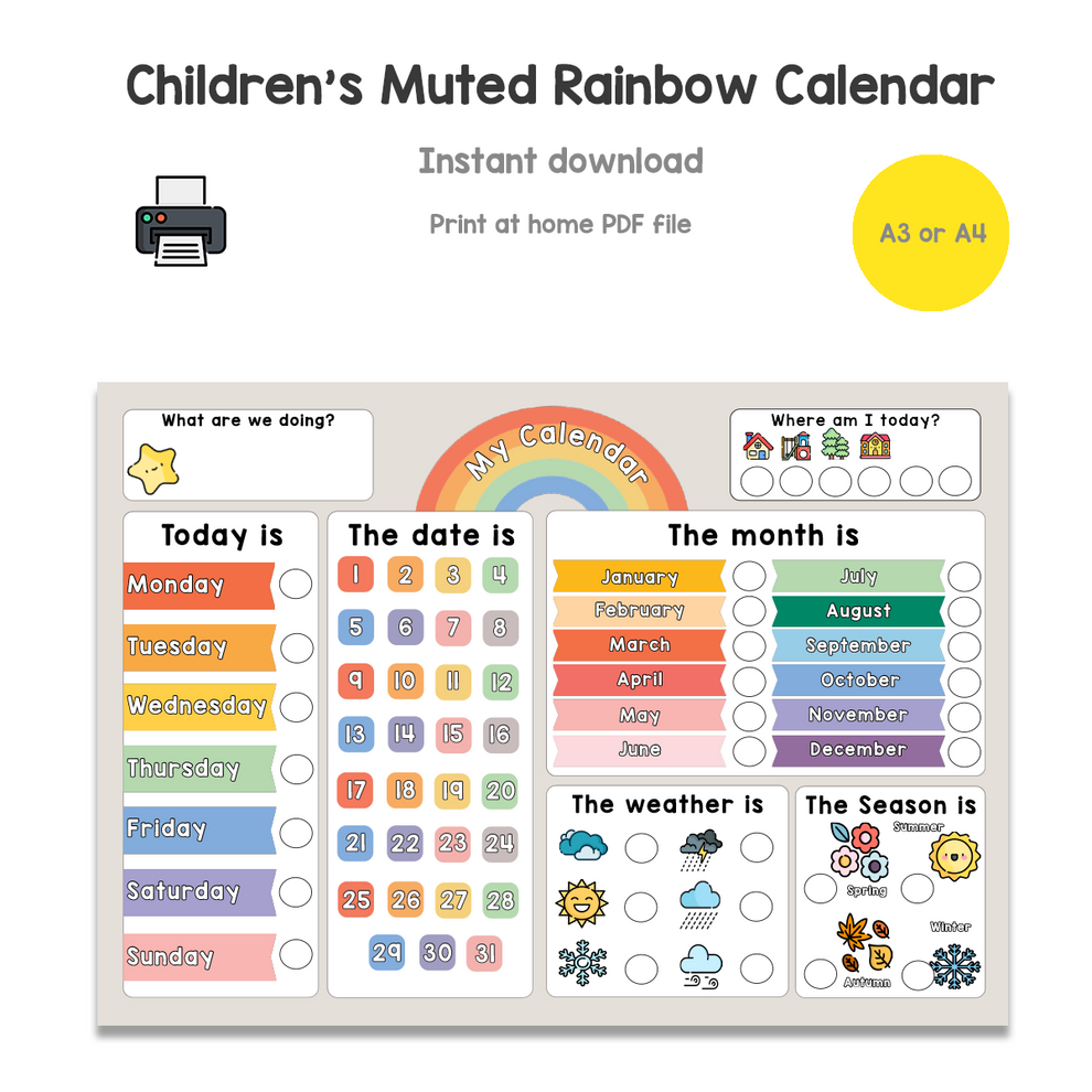 PRINTABLE Children's Muted Rainbow Calendar – Craftly Ltd